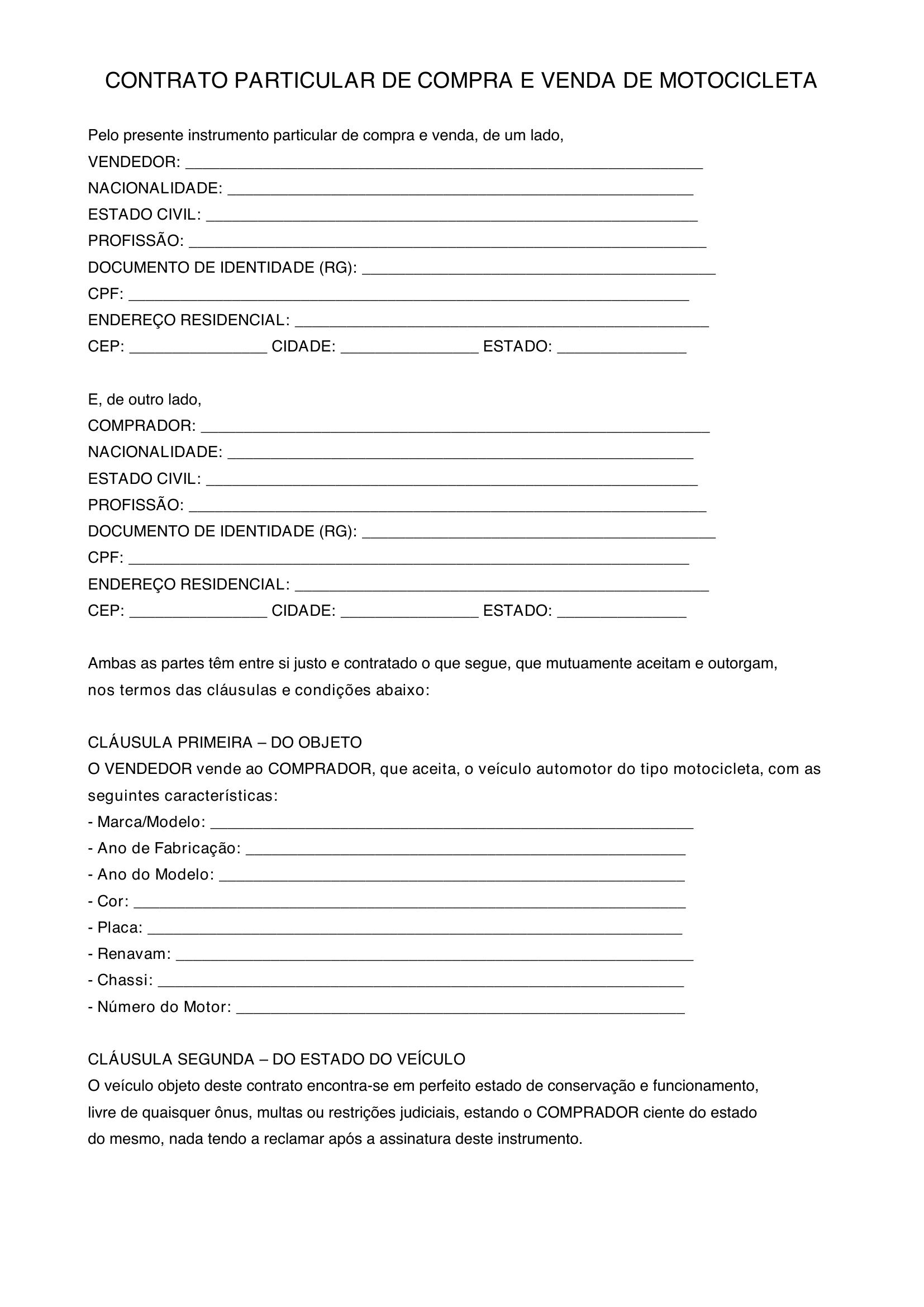Modelo De Compra E Venda De Moto